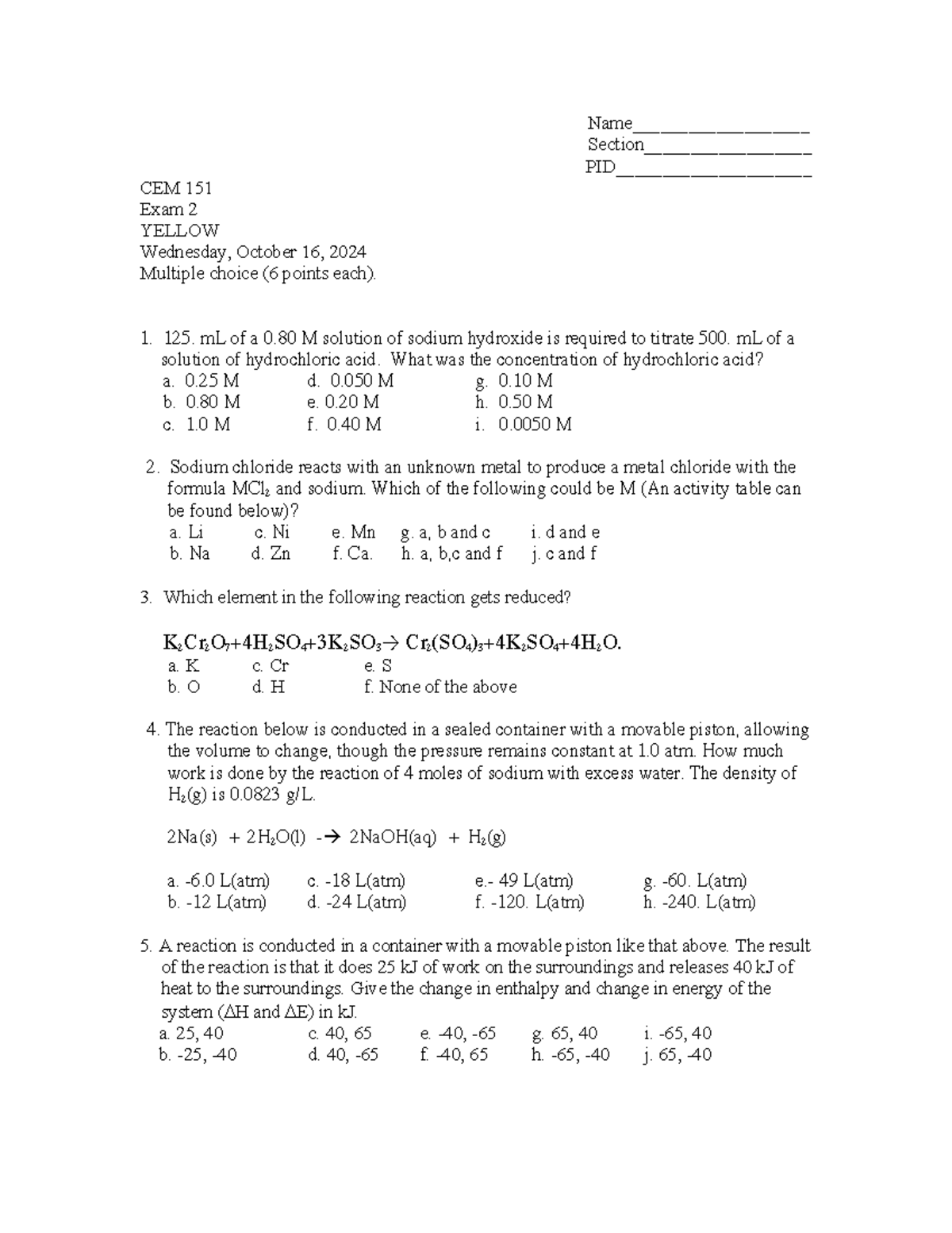 CEM 151 Exam 2: Comprehensive Questions on Chem Reactions ...
