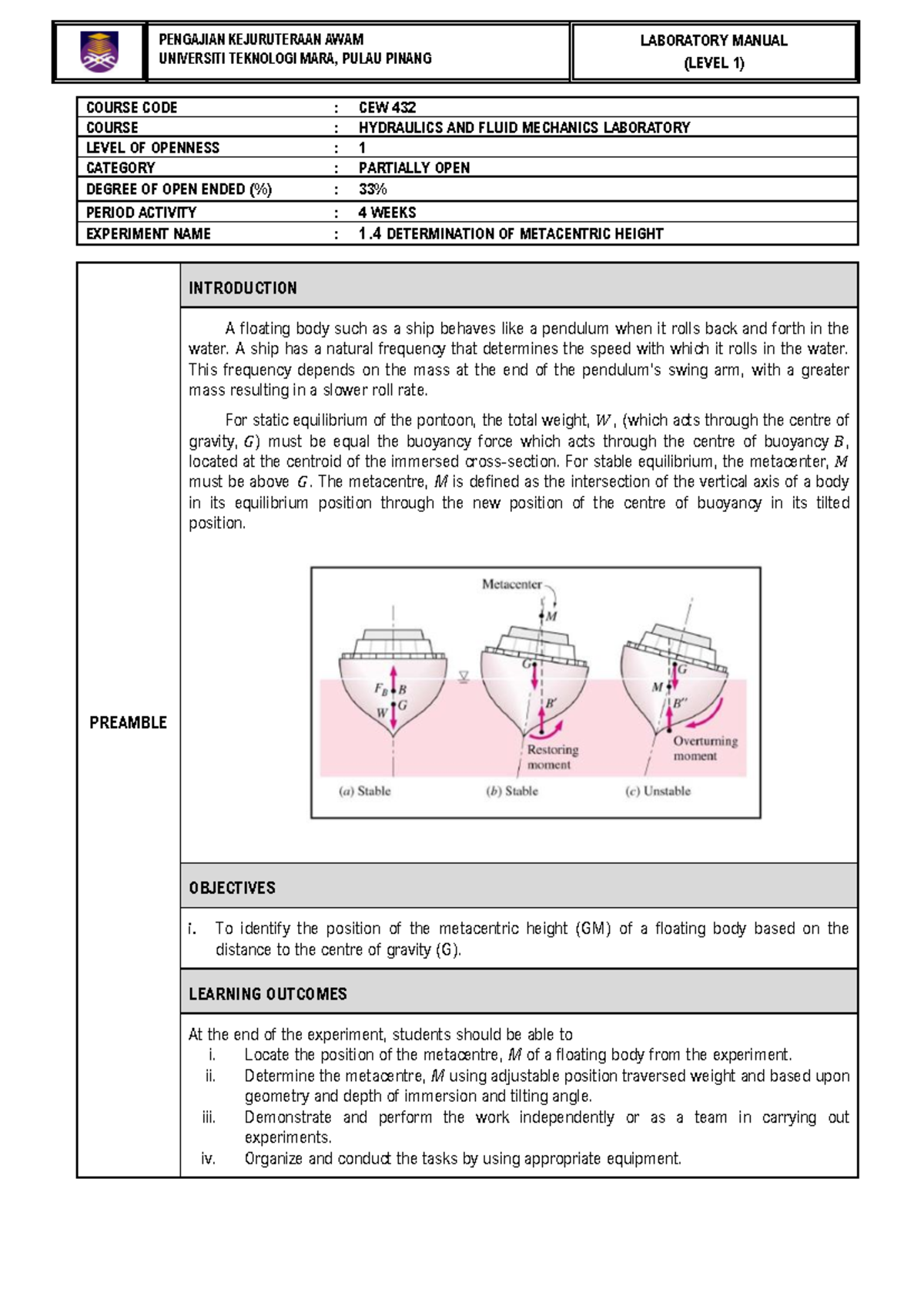 L1.4 Metacentric Height Determination Lab Manual CEW 432 - Studocu