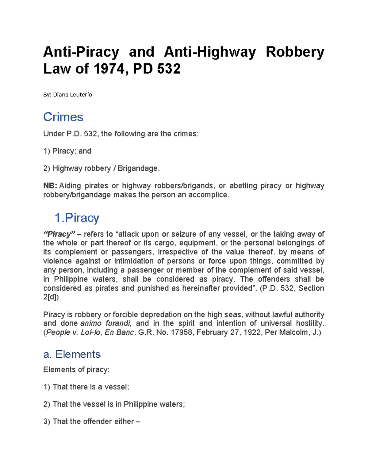 PD 532 Notes - Overview of Piracy and Highway Robbery Laws - Studocu
