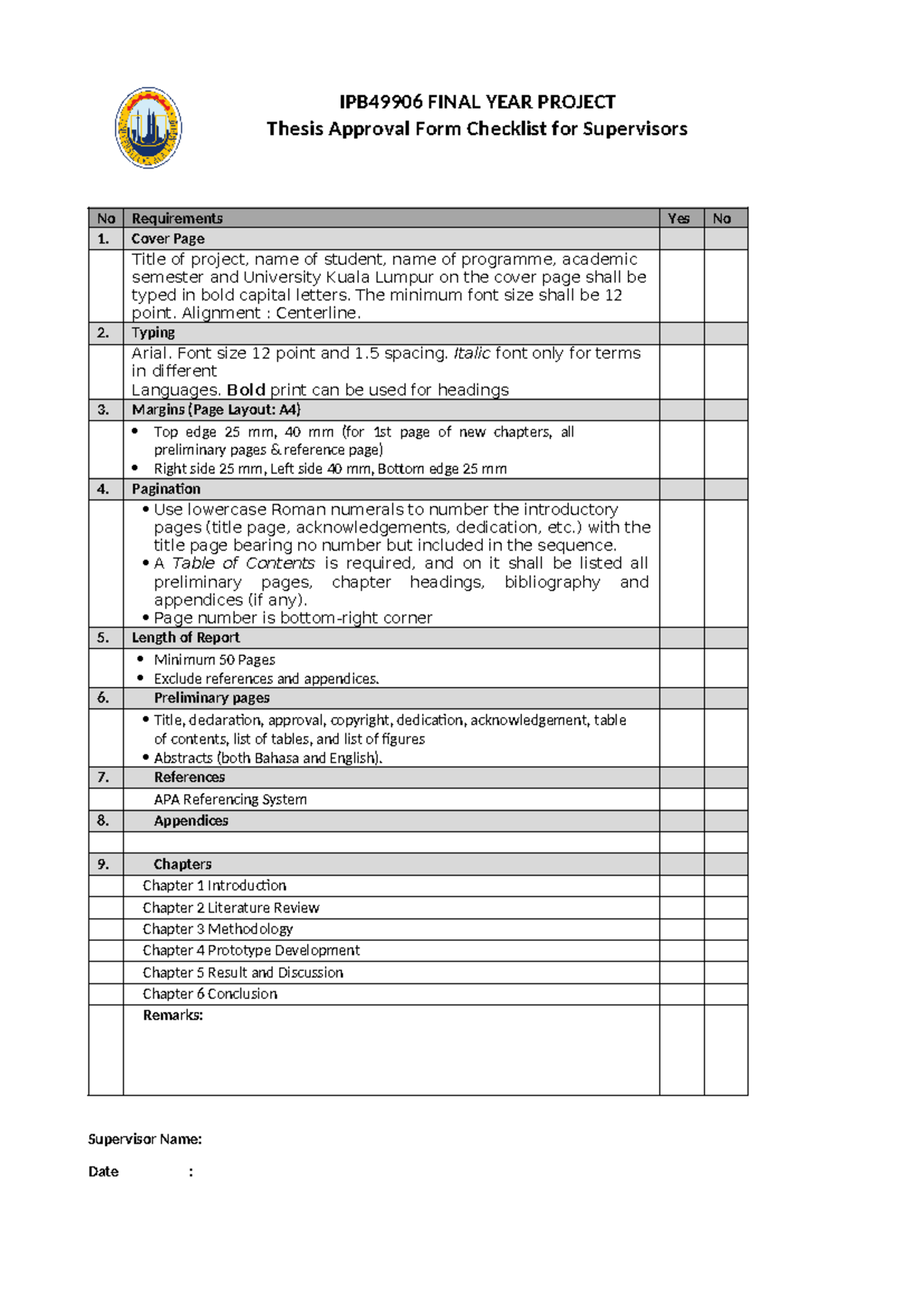 Thesis Approval Form Checklist for Supervisors JULY 2021 - IPB49906 ...