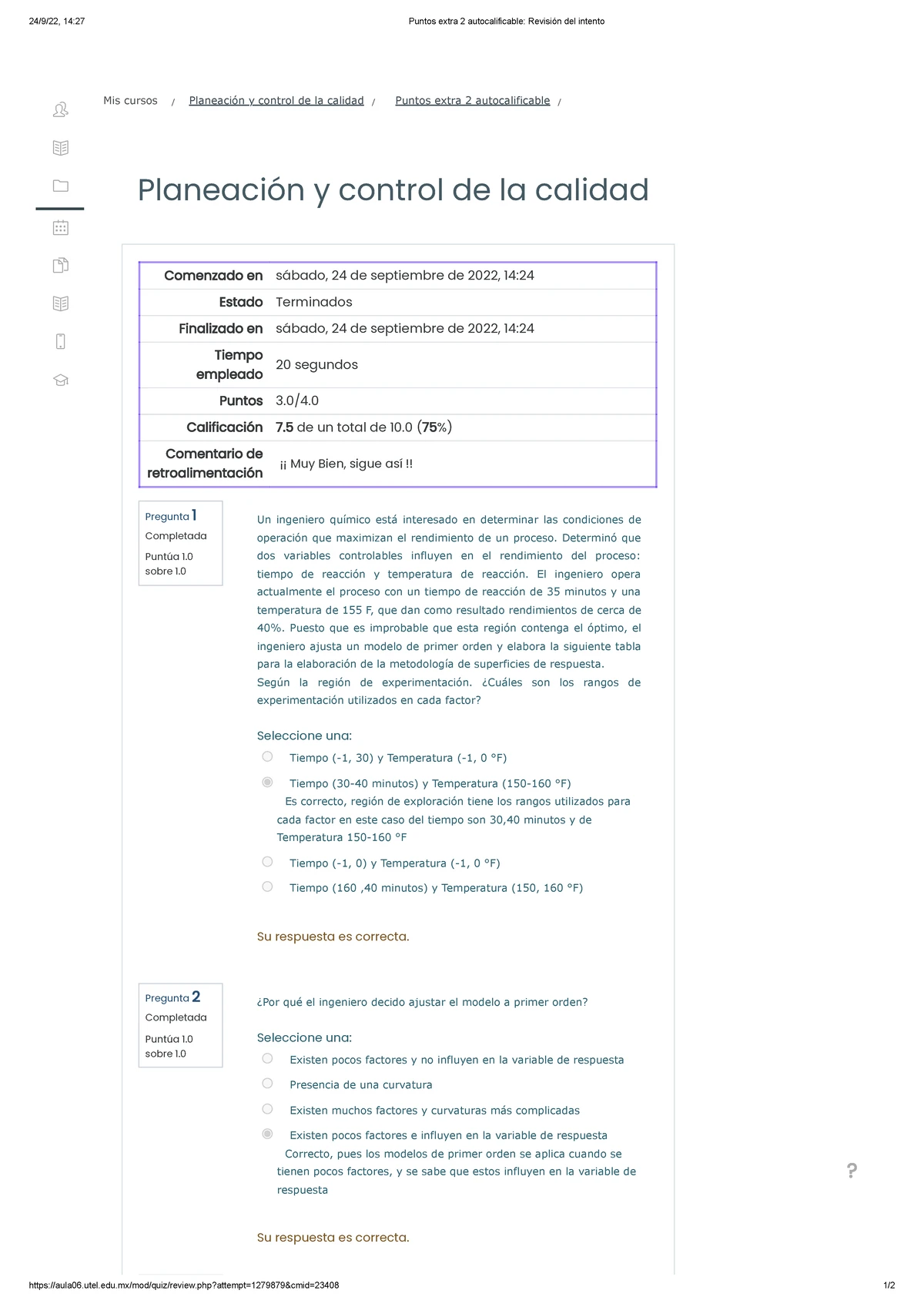 Examen primer parcial (Segunda vuelta) Revisión del intento planeacion y control de calidad ...
