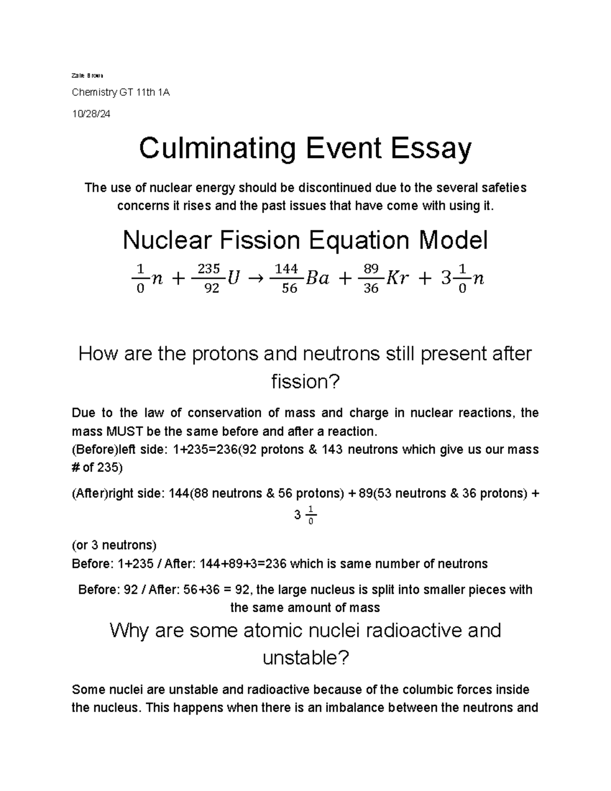 Chemistry GT 11th 1A Culminating Event Essay: The Case Against Nuclear ...