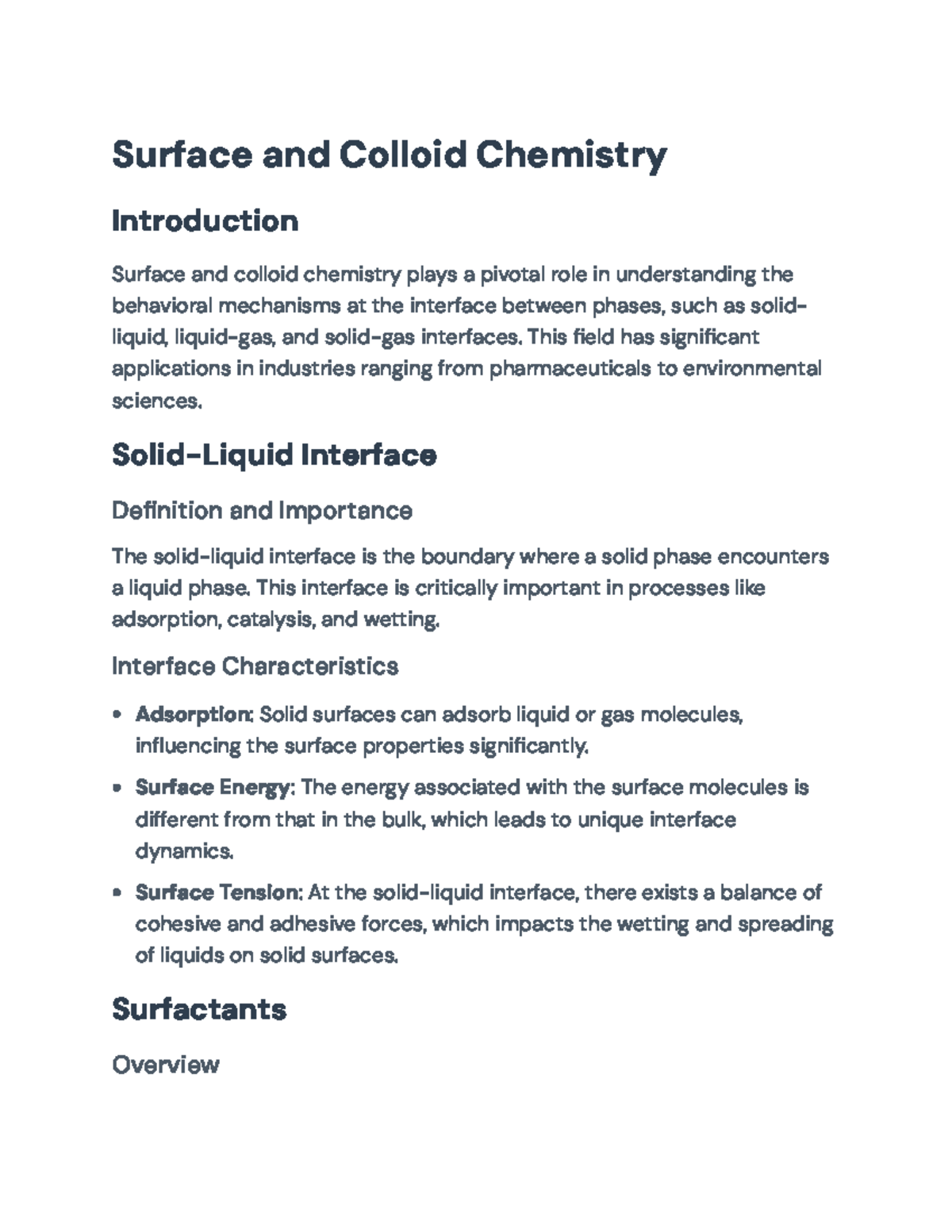 Surface and Colloid Chemistry: Understanding Interfaces and Surfactants ...