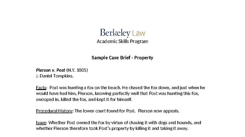 Sample Case Brief: Property Law - Pierson v. Post (N.Y. 1805) - Studocu