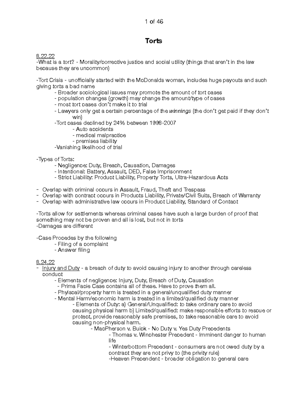 Torts Law Lecture Notes: Understanding Negligence and Liability ...