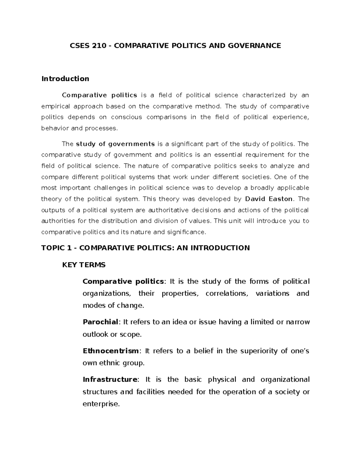 CSES 210 POP Sheet 1 - Intro to Comparative Politics & Governance - Studocu
