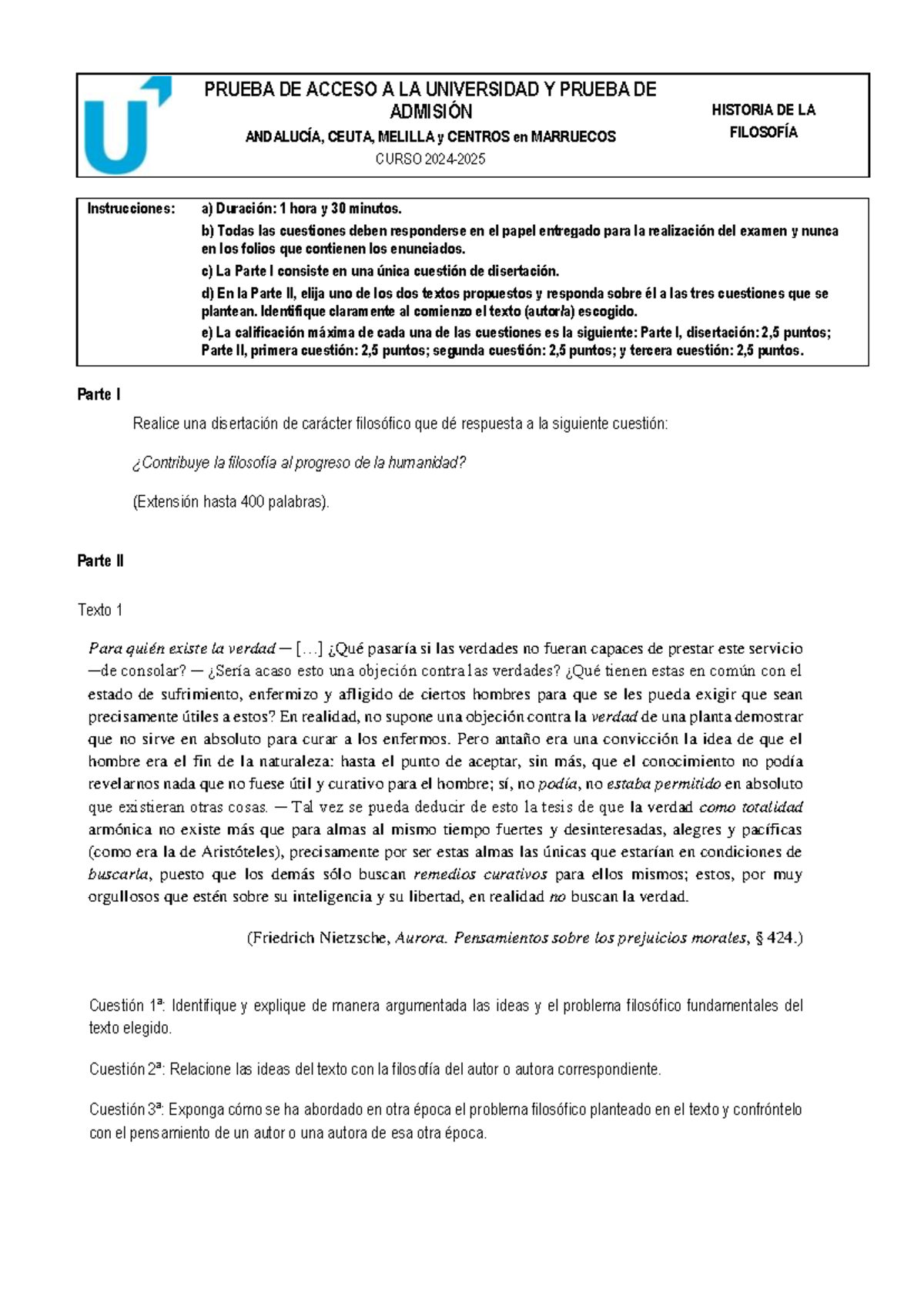 Examen Suplente 2-A: Historia de la Filosofía y su Progreso Humanitario ...