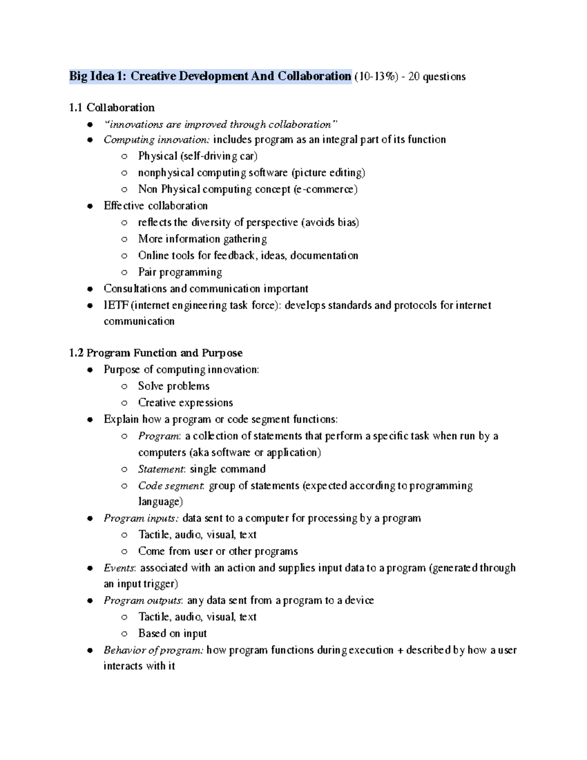 AP CSP Unit 1: Creative Development & Collaboration Overview - Studocu