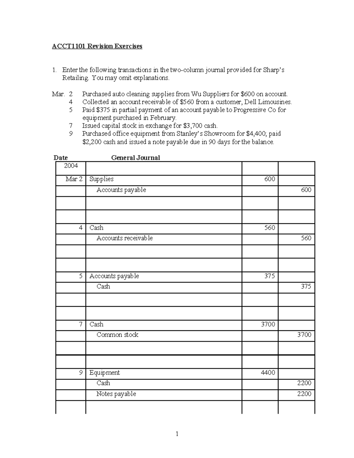 ACCT1101 Revision Exercises: Journal Transactions & T Accounts - Studocu