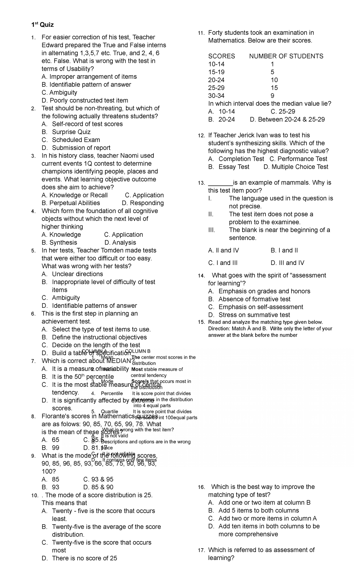 Learning Enhancement - notes - 1 st Quiz 1. For easier correction of ...