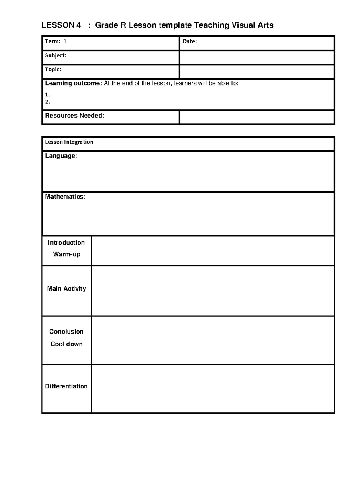 ASS 50: Grade R Physical Education Lesson Plan Template for Term 1 ...