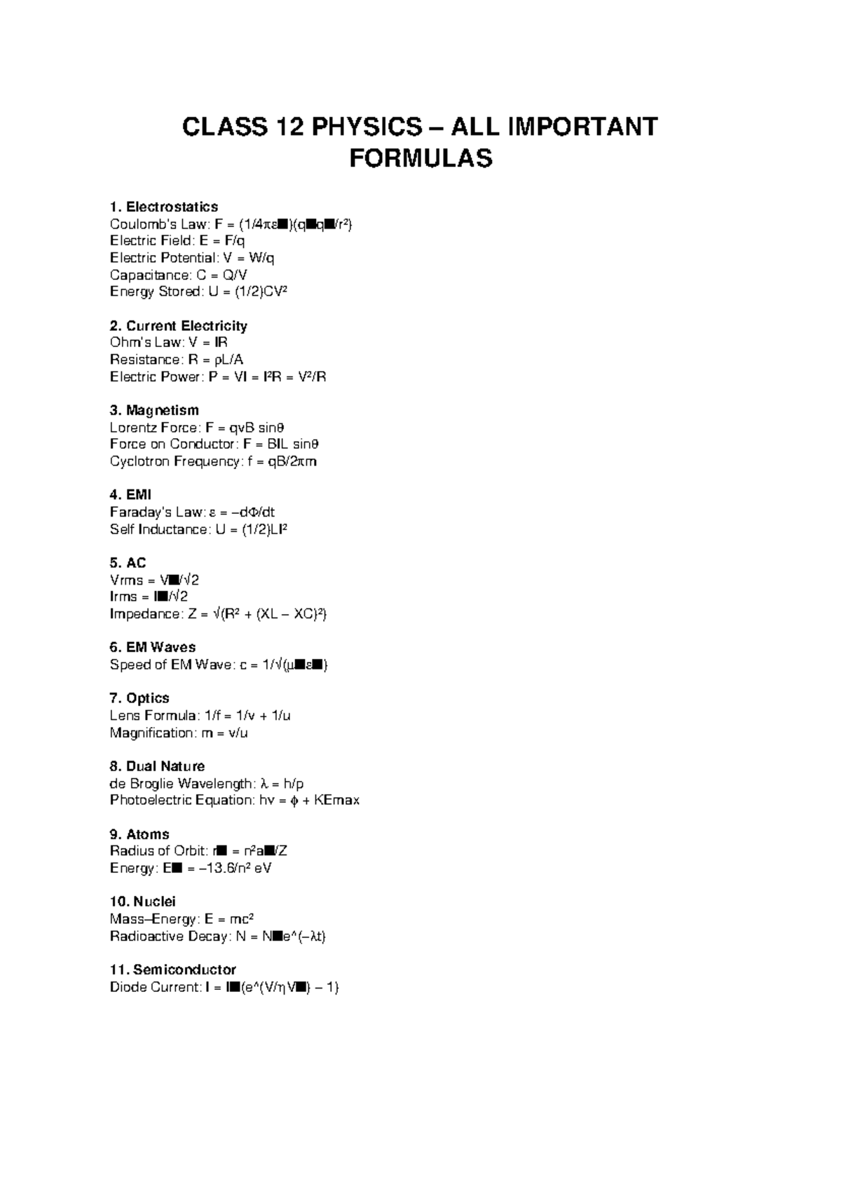 CLASS 12 PHYSICS FINAL EXAM IMPORTANT FORMULAS - Studocu