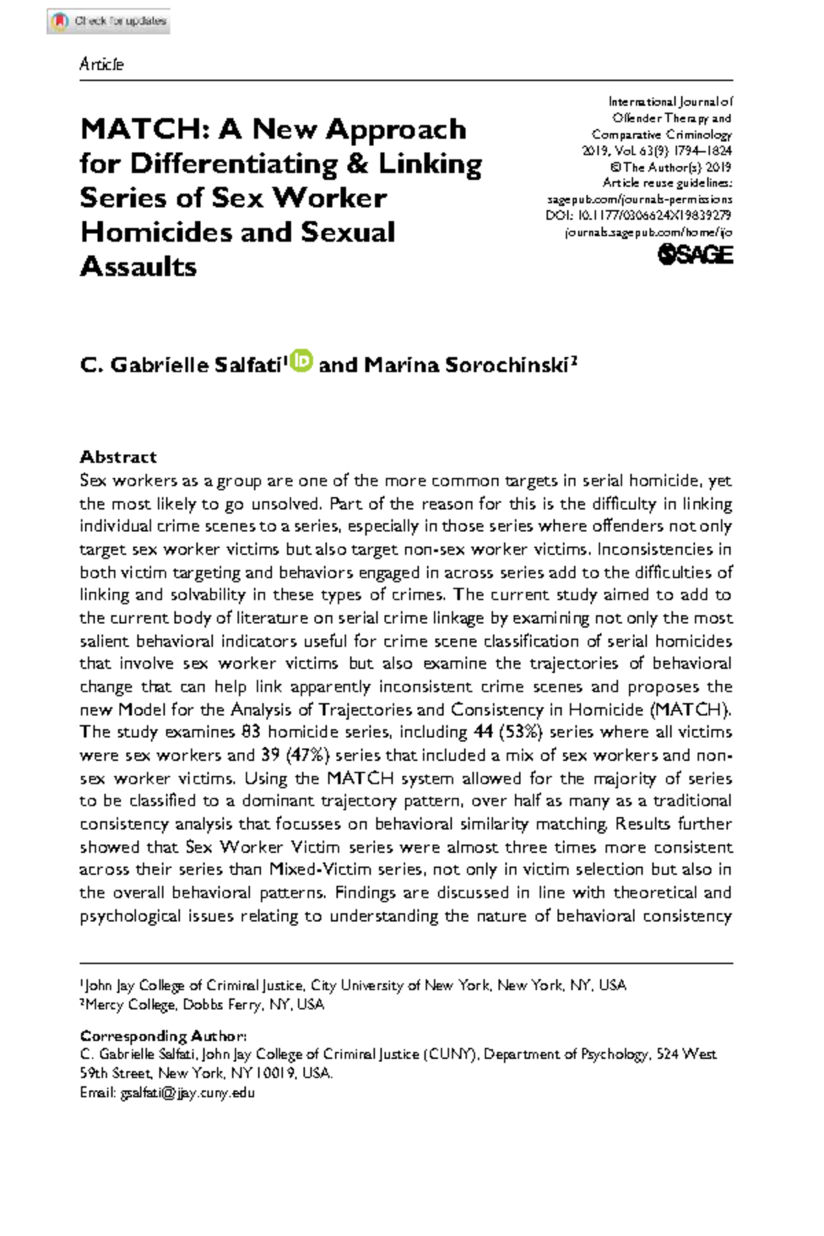 MATCH: Differentiating Patterns in Serial Homicides of Sex Workers - Studocu