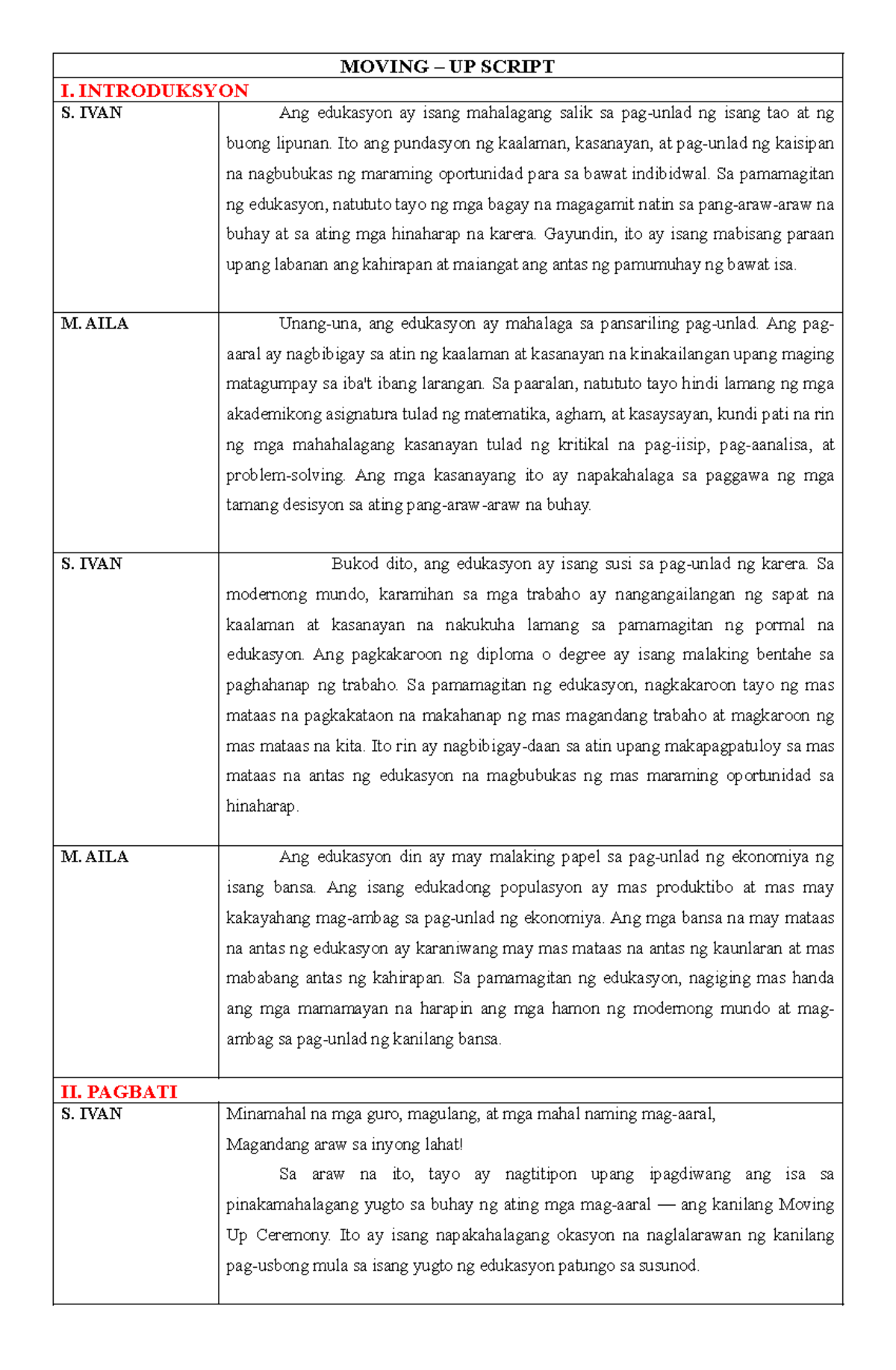 Moving Up Ceremony Script - Tagalog - S.Y. 2023-2024 - Studocu