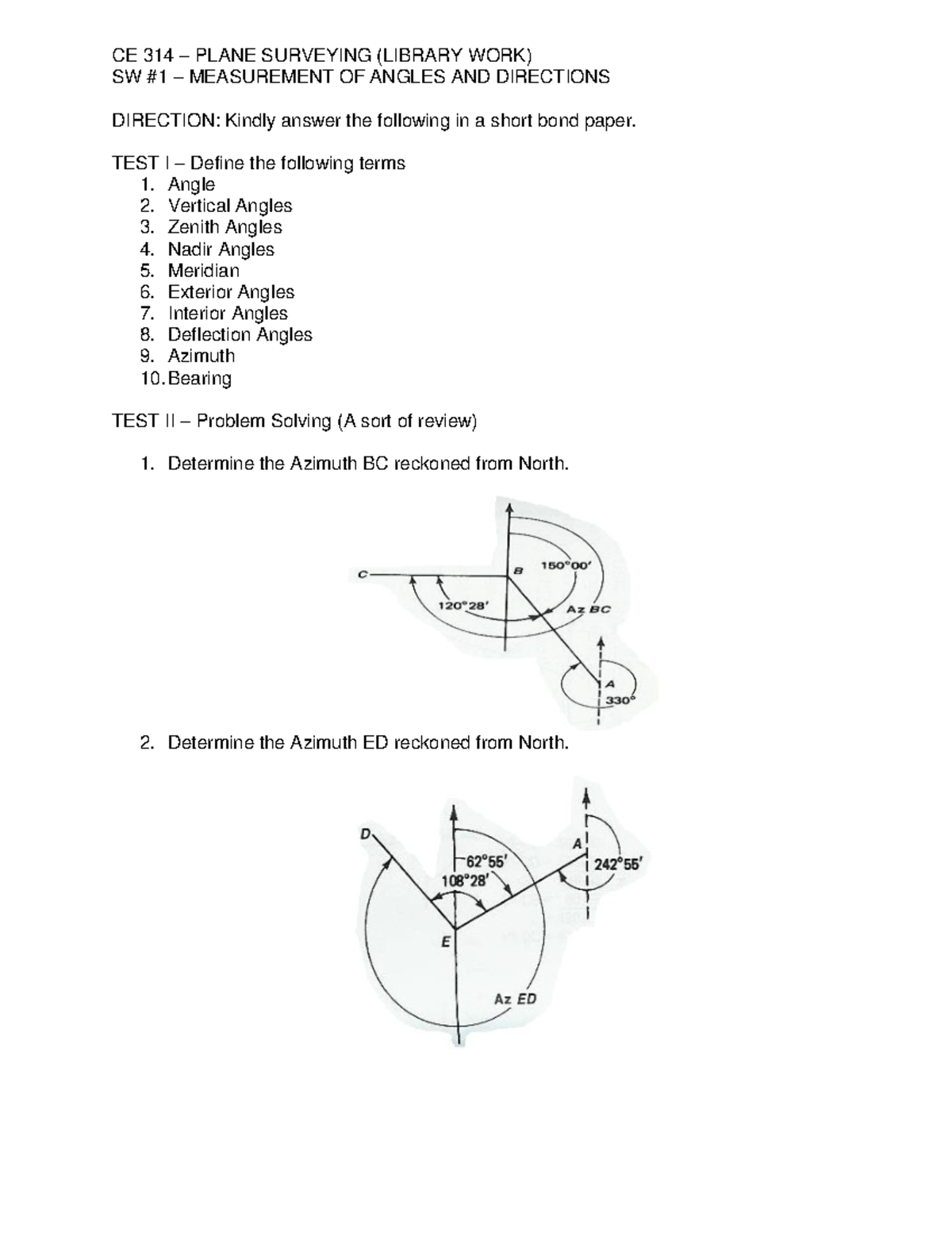SW 1 Measurement OF Angles AND Directions - CE 314 – PLANE SURVEYING ...