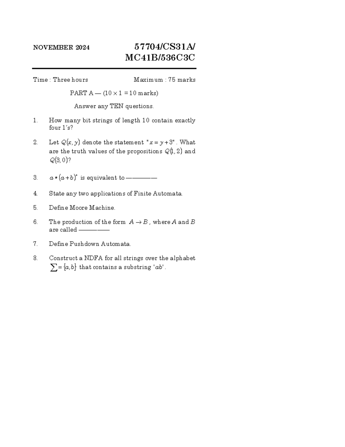 NOV-2024 536C3C - Theory of Computation Exam Questions - Studocu