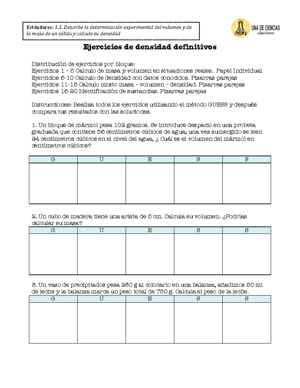 Hoja De Trabajo De Densidad De Química Guía De Aprendizaje: Densidad