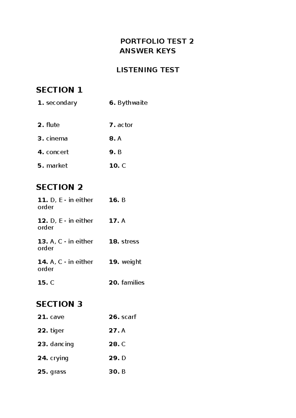 (HK242) Portfolio Test 2 - Listening & Reading Answer Keys - Studocu