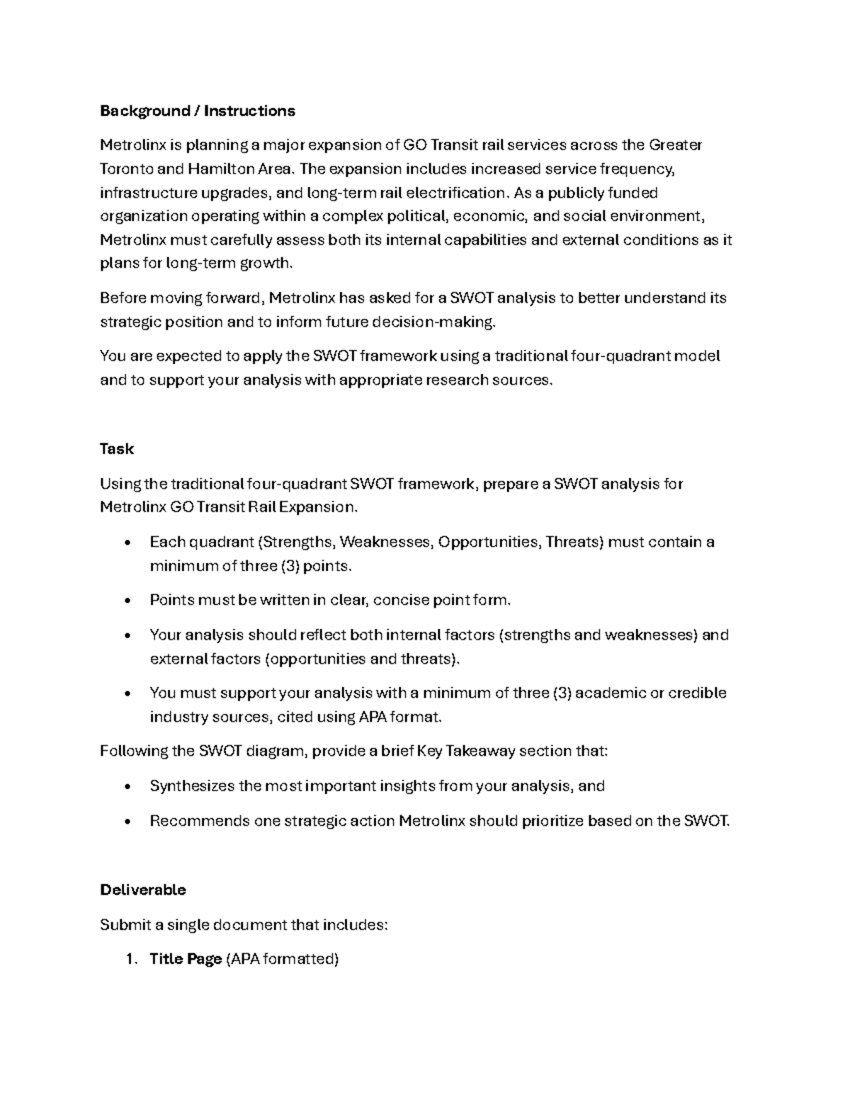 SWOT Analysis for Metrolinx GO Transit Rail Expansion Project - Studocu