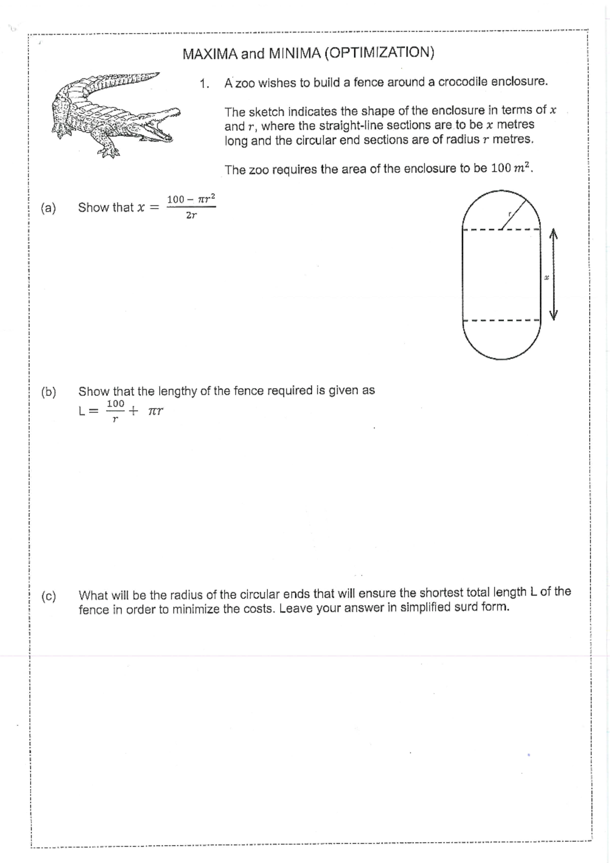 Optimisation worksheet - MAXIMA and MINIMA (OPTIMIZATION) 1. A ZOO ...