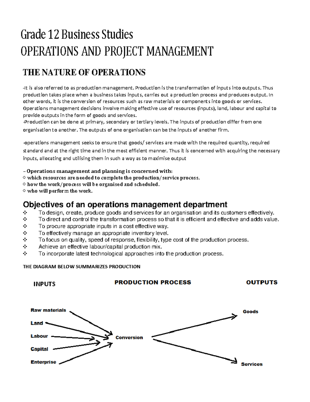 Grade 12 Business Studies - Operations and Project Management - Studocu