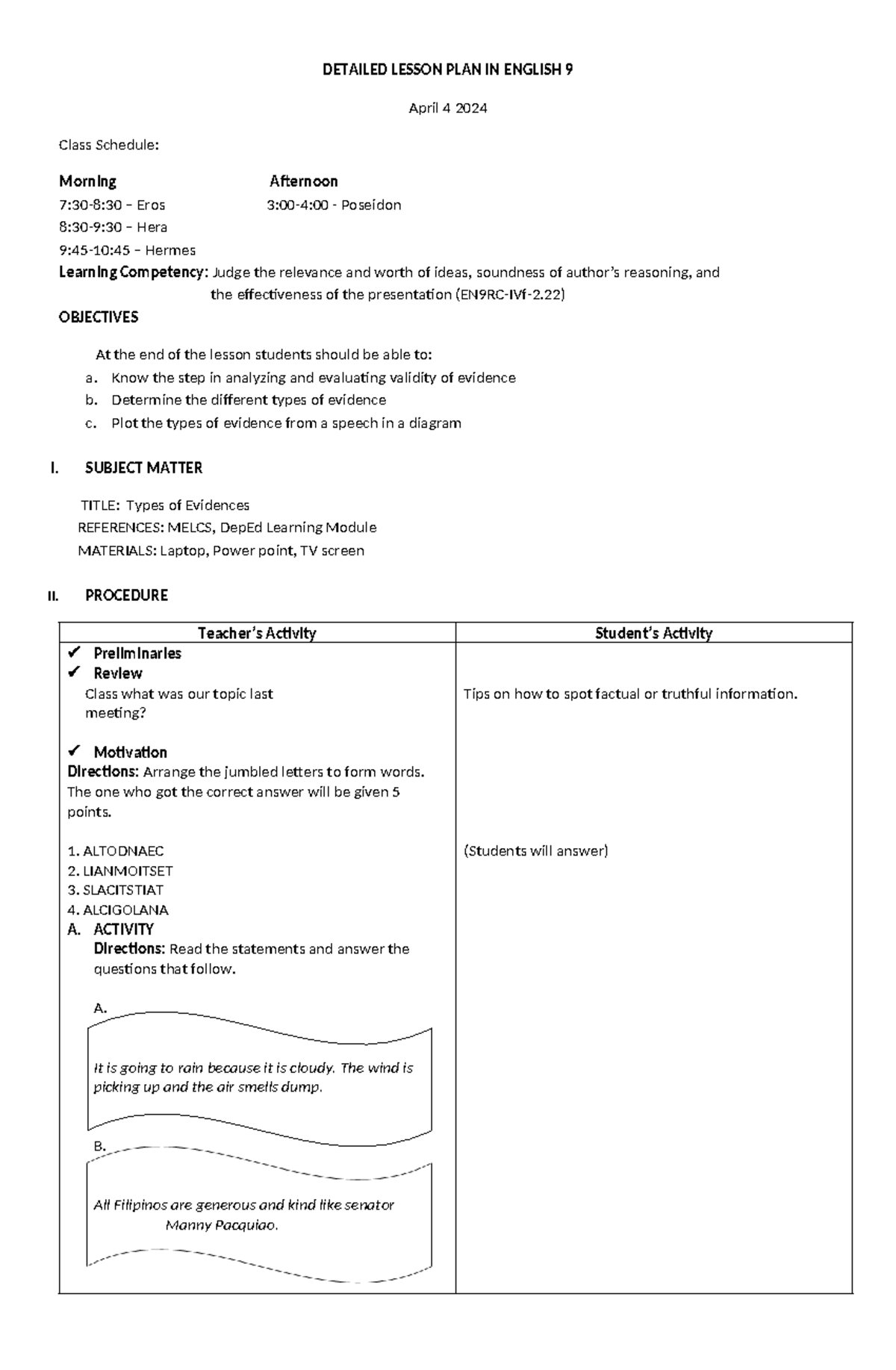 Quarter 4 DLP: Types of Evidence in English 9 Lesson Plan - Studocu