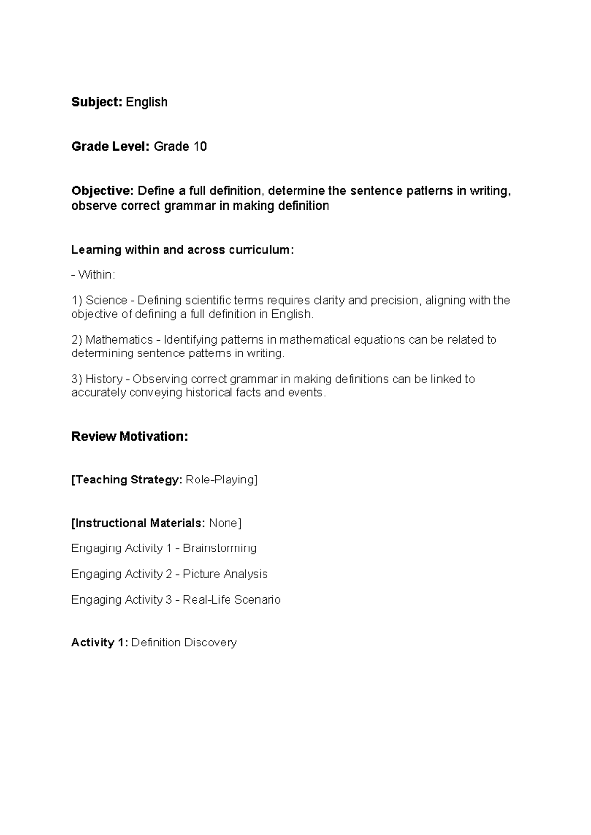 Grade 10 English Lesson Plan: Defining Terms & Sentence Patterns - Studocu