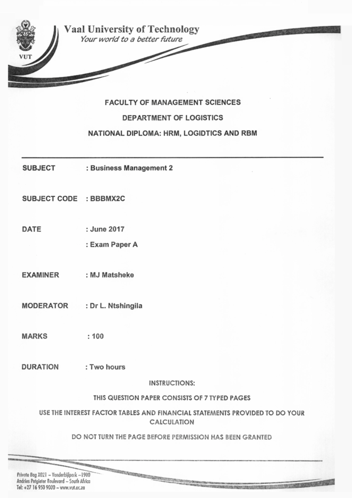 Business Management 2 Exam Paper (VUT: HRM & Logistics) - June 2017 ...