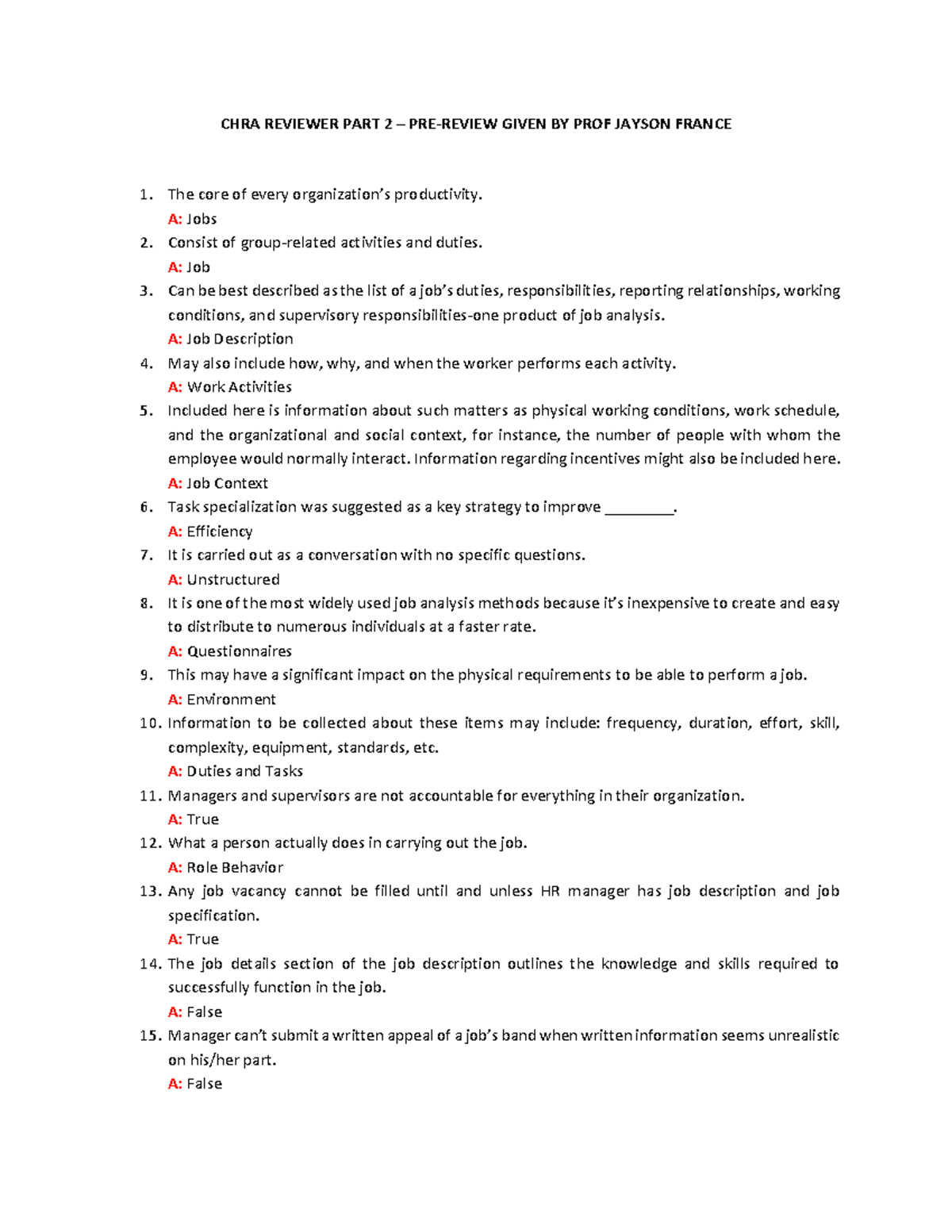 CHRA MOCK QUIZ PART 1 - Key Concepts and Answers for Review - Studocu