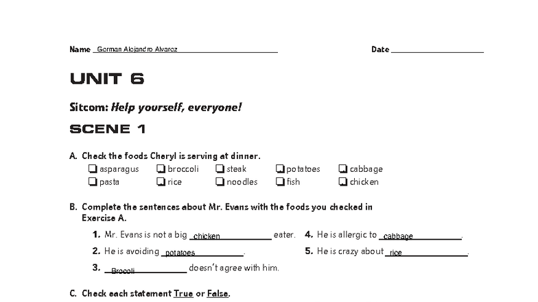 UNIT 06 TV Activity Worksheets: Sitcom Dinner Scene Exercises - Studocu