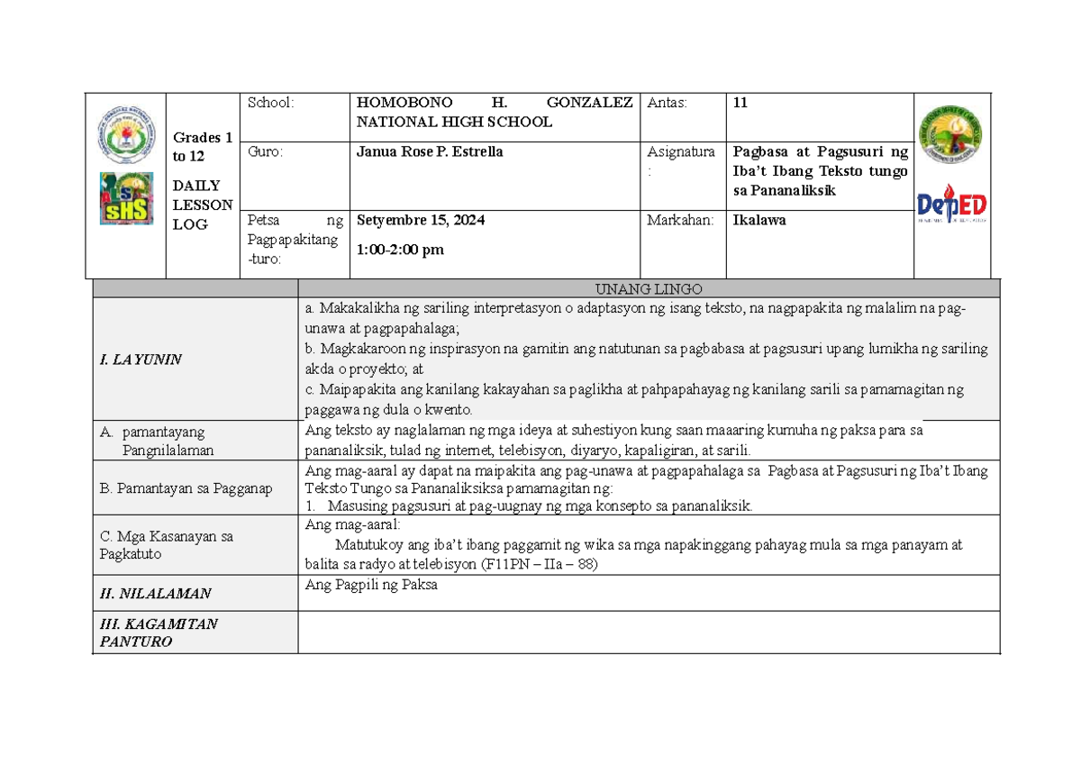 DLL: Unang Linggo ng Pagbasa at Pagsusuri ng Ibang Teksto (Ikalawang ...