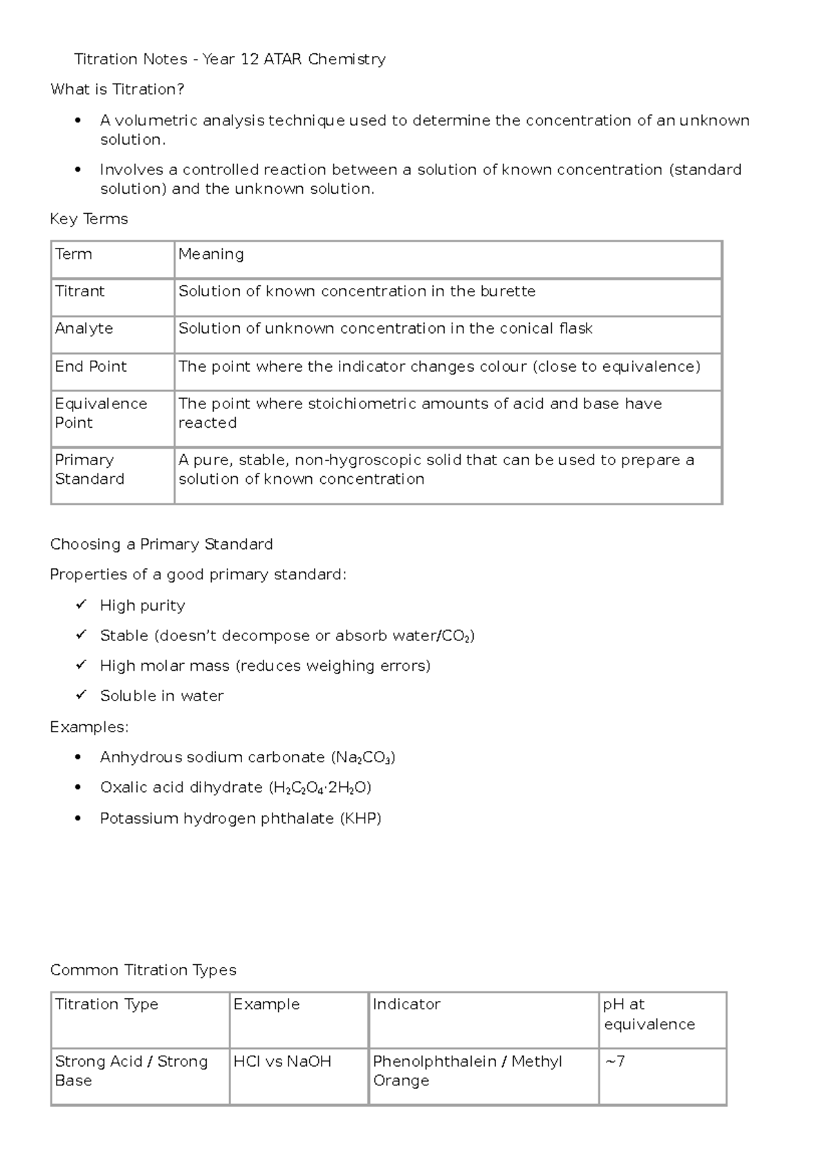 Titration Notes & Practice Questions for Year 12 ATAR Chemistry - Studocu