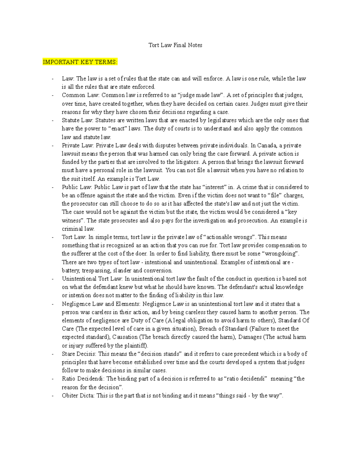 Tort Law Final Notes: Key Terms and Case Summaries - Studocu
