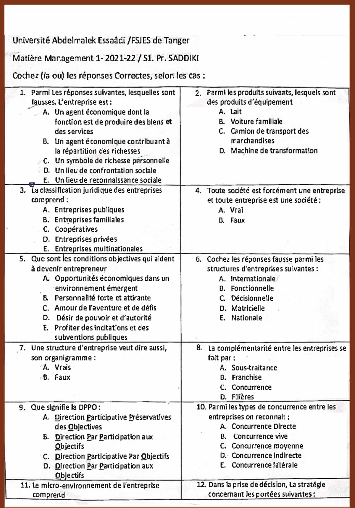 Management S1 - Examens et Réponses Correctes - Pr. SADDIKI - Studocu