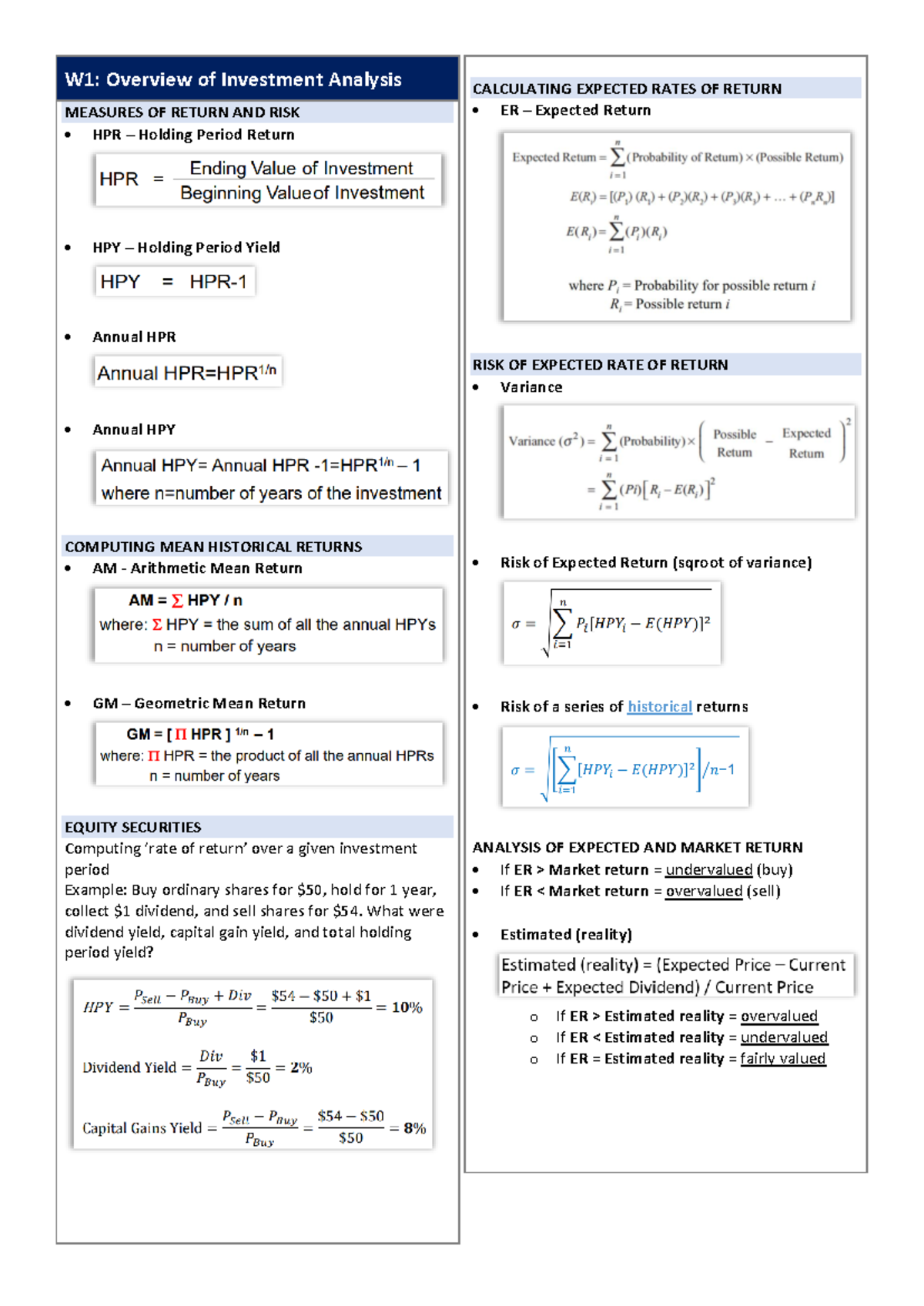 Investment Analysis Review Sheet: Key Concepts and Notes - Studocu