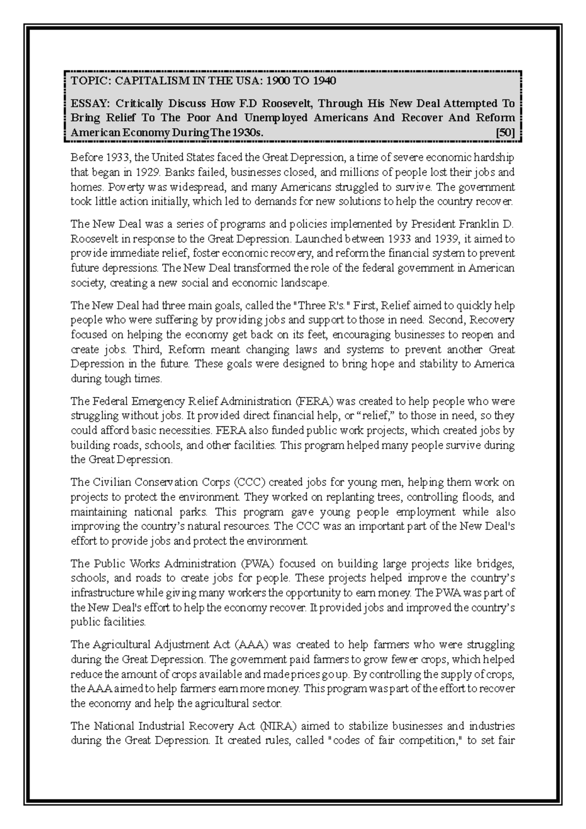 Capitalism in the USA 1900-1940: FDR's New Deal Essay Analysis - Studocu