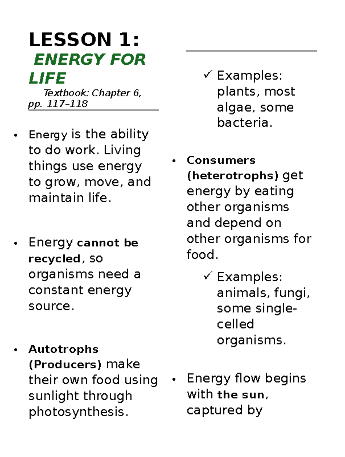 BIO 101: Lesson Notes on Energy for Life and Bioenergetics - Studocu