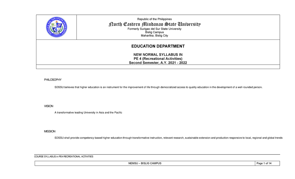 PE4 Recreational Activities Syllabus for A.Y. 2021-2022 - Studocu