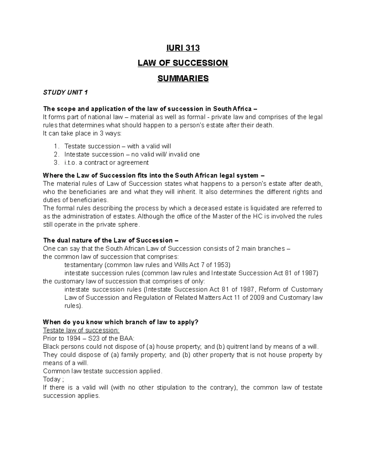 SU 9 (313) - LAW OF SUCCESSION: Substitution & Usufruct Accrual ...