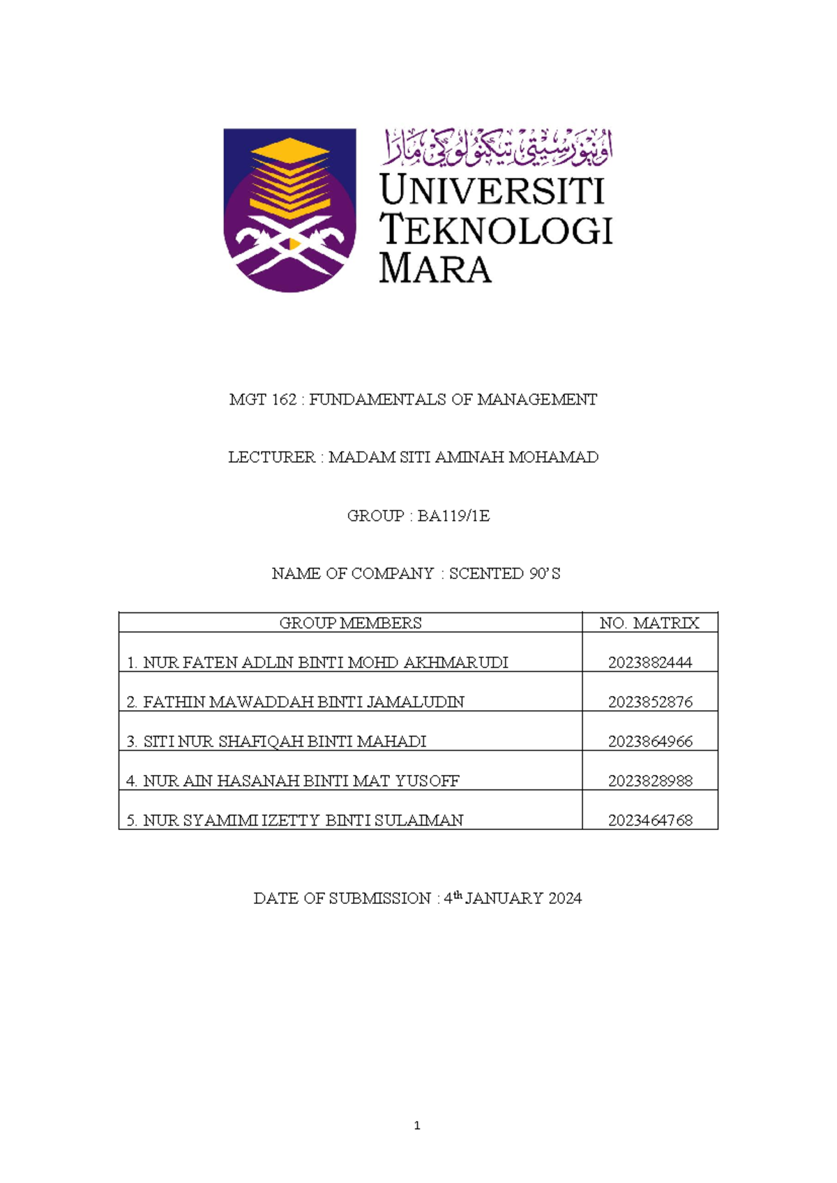 MGT162. Assignment Group - MGT 162 : FUNDAMENTALS OF MANAGEMENT ...