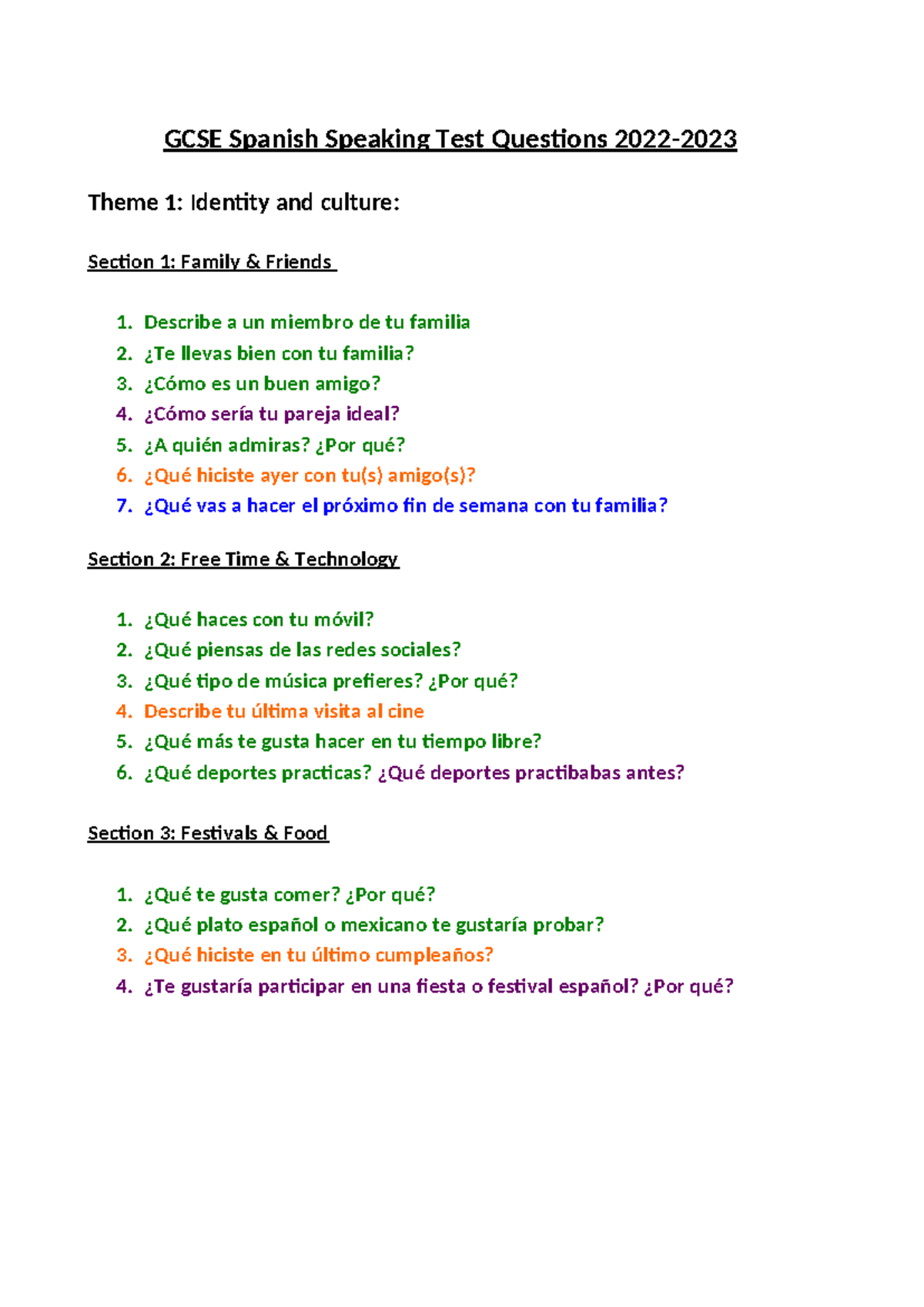 GCSE Spanish Speaking Test Questions 2022 - Comprehensive Guide - Studocu