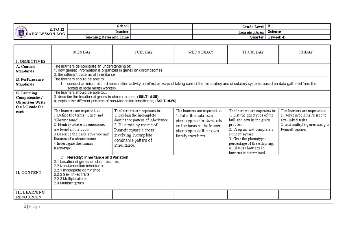 DLL Science 9 Q1 Week 4 - Genetics and Inheritance Lessons - Studocu