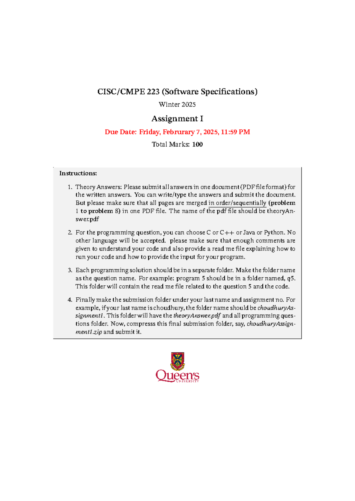 CISC 223 Winter 2025 - Assignment 1 Submission Guidelines and Problems ...