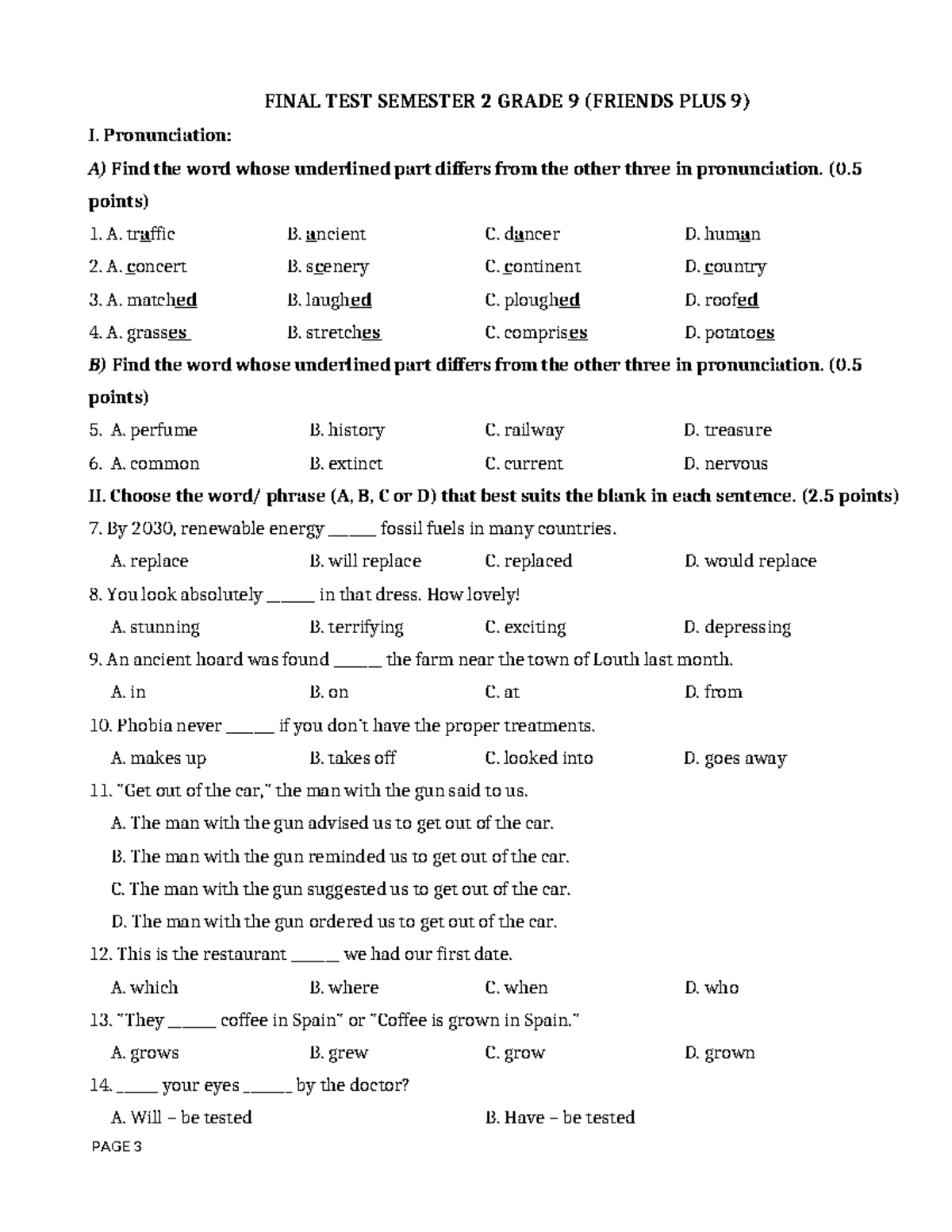 FINAL TEST SEMESTER 2 GRADE 9 (FRIENDS PLUS 9) - Pronunciation ...