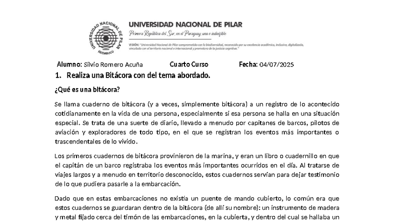 Bitácora 1: Registro de Actividades y Aprendizajes - Cuarto Curso - Studocu