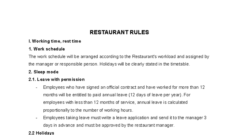 Restaurant Regulations I: Work Schedule & Conduct Guidelines - Studocu