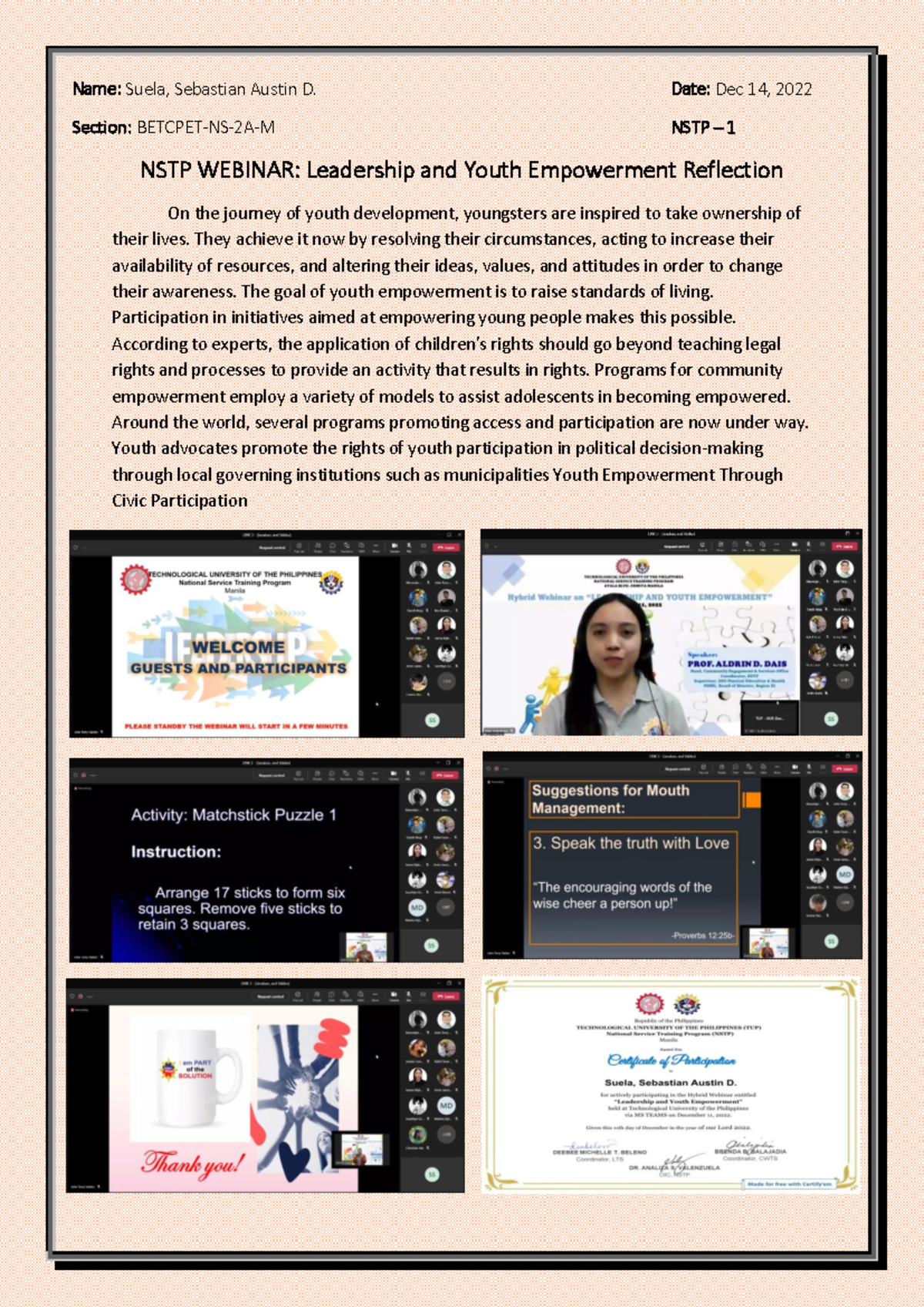 Reflection Webinar - Suela, Sebastian Austin D - Name: Suela, Sebastian ...