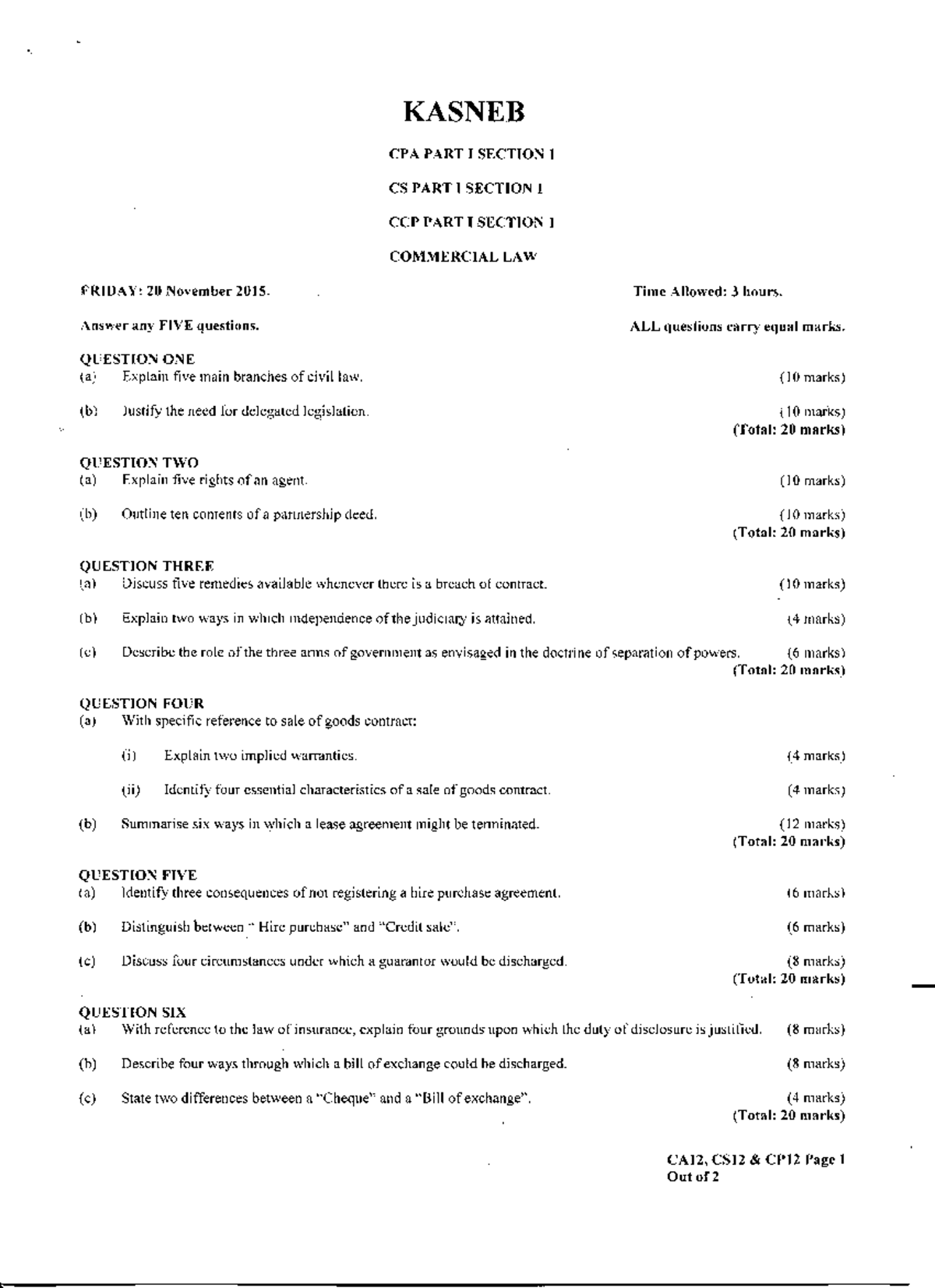 CA12 Commercial Law - Past Paper Questions from November 2015 - Studocu