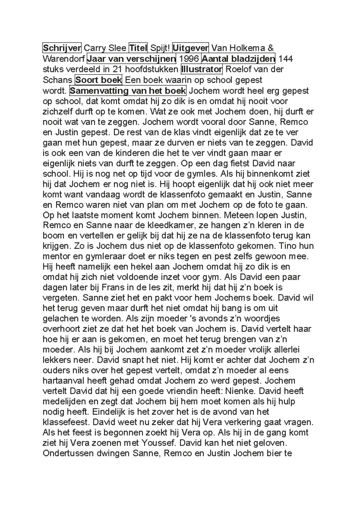Spijt! Samenvatting van het Boek door Carry Slee - 2de klas - Studeersnel