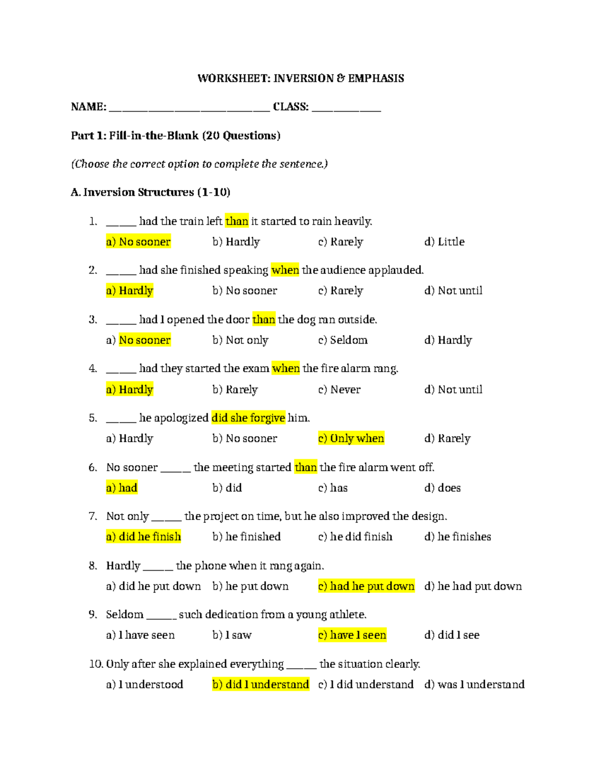Worksheet+ Inversion+ Emphasis+KEY - WORKSHEET: INVERSION & EMPHASIS ...